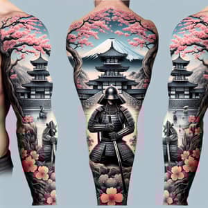 Vibrant Japanese Samurai Tattoo with Temple, Cherry Blossom, Mount Fuji ...