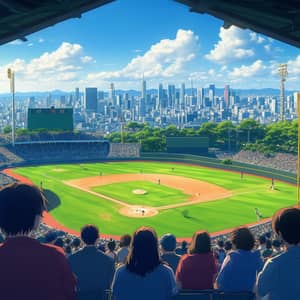 Anime-Style Baseball Stadium Illustration with Tokyo Skyline View | AI ...