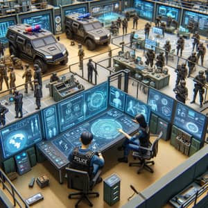 Detailed Modern Surveillance Scene with Asian Officer Monitoring High ...