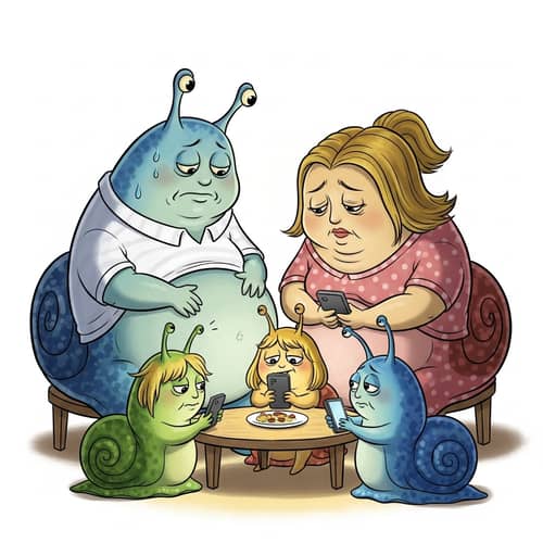 Slug Family Watching TV: Construction Dad, Homemaker Mom, Bookworm ...