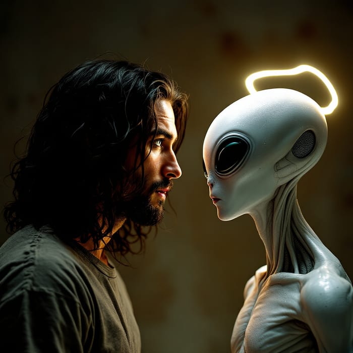 Mysterious Encounter: Human and Alien Beings | AI Art Generator | Easy ...