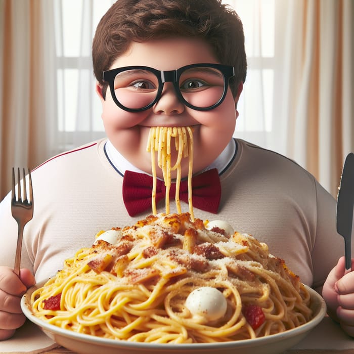 Chubby Boy with Nerd Glasses Enjoying Carbonara | AI Art Generator ...