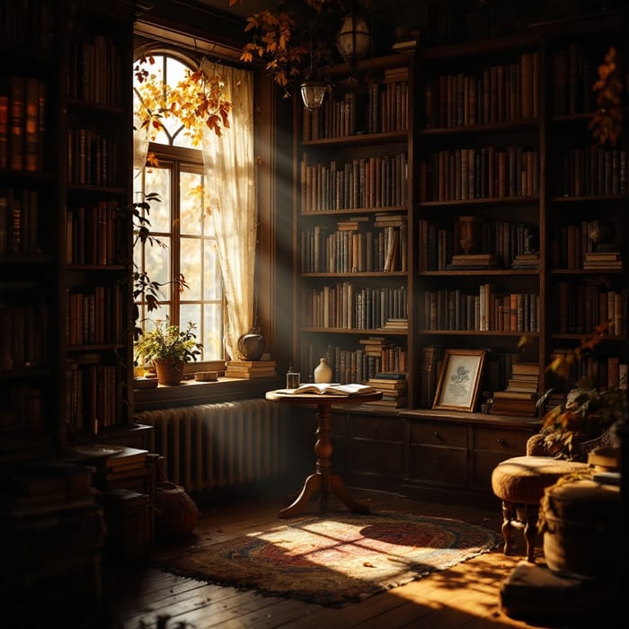 Cozy Library Room in Autumn Hues | AI Art Generator | Easy-Peasy.AI