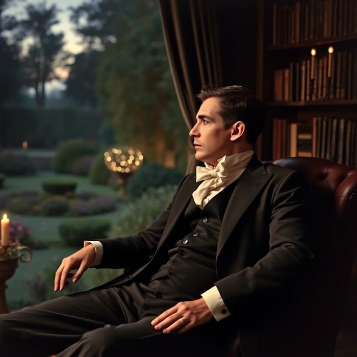 Wistful Edwardian Man in Twilight Garden | AI Art Generator | Easy-Peasy.AI
