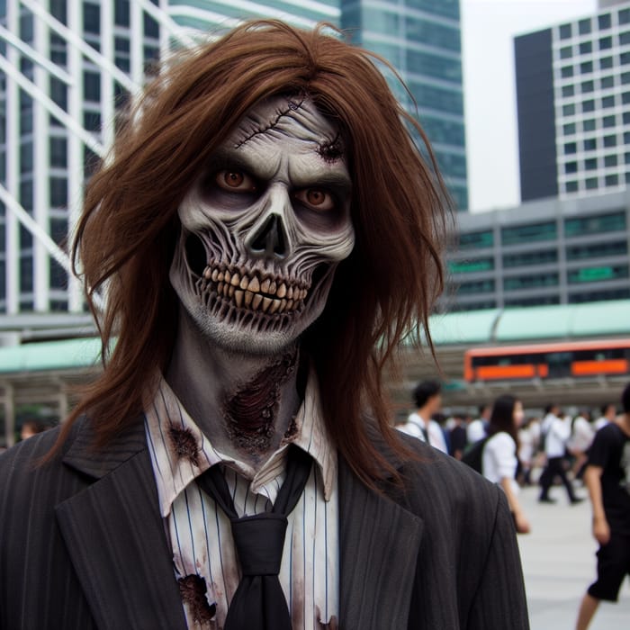 Office Zombie with Long Brown Hair | AI Art Generator | Easy-Peasy.AI