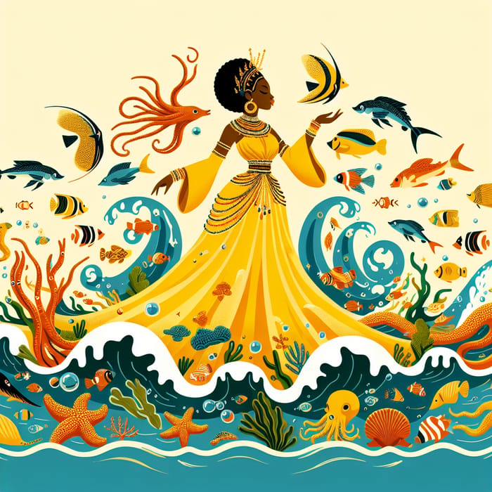 African Goddess Oshun in Vibrant Yellow Gown Surrounded by Ocean Life ...