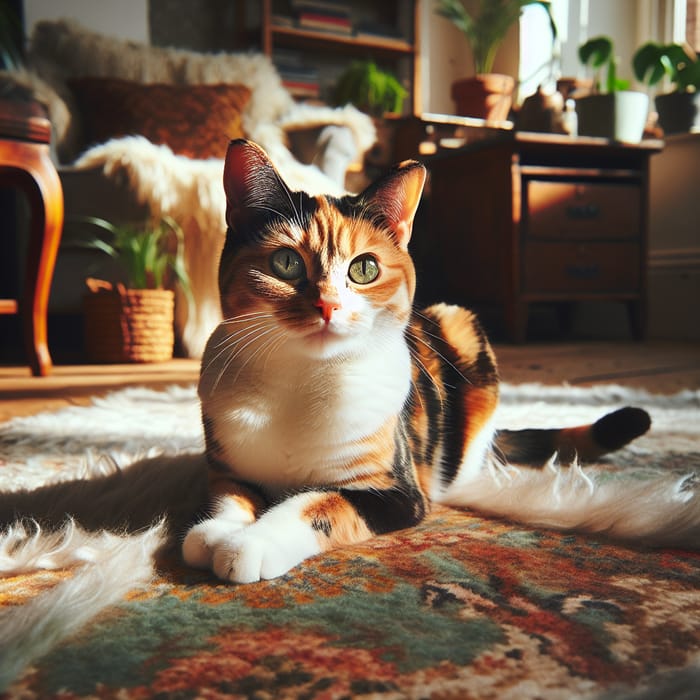 Beautiful Calico Cat on Plush Rug - Cozy Room Scene | AI Art Generator ...