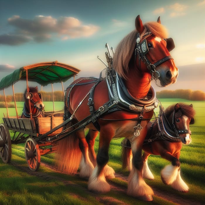 Beautiful Scene with Majestic Horse and Playful Pony Pulling Rustic ...