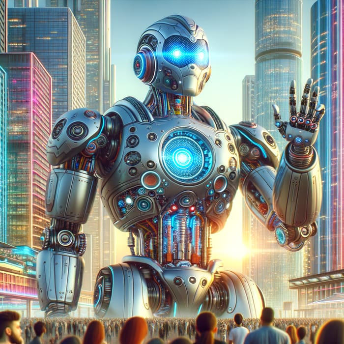 Massive Futuristic Friendly Robot in Colorful Cityscape | AI Art ...
