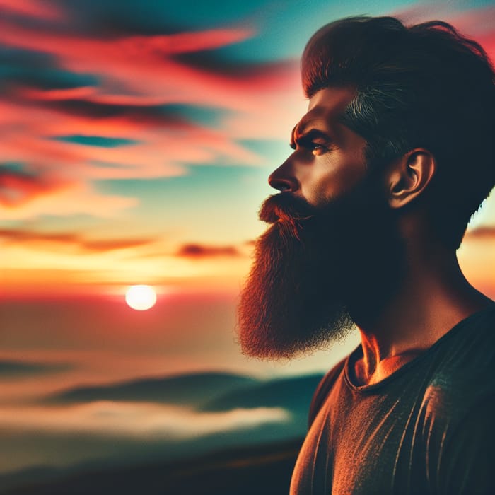 Bearded Man Looking at Sunrise on Horizon | AI Art Generator | Easy ...