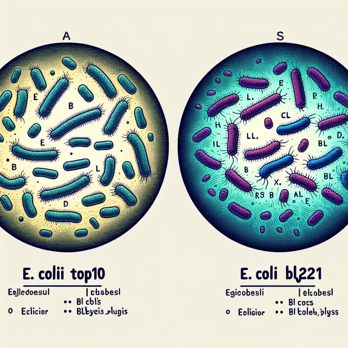 Bacterial Strains E. coli TOP10 and BL21 (DE3)pLysS Microscopy | AI Art Generator | Easy-Peasy.AI