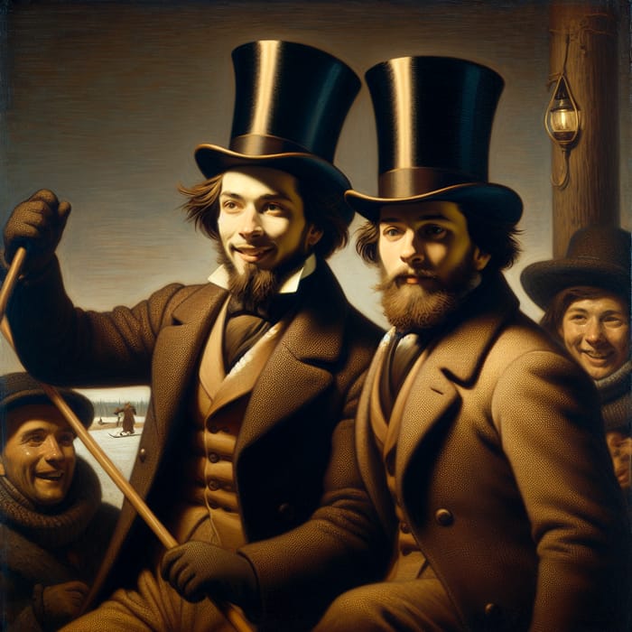 Evgeny Onegin & Vladimir Lensky Skiing with Top Hats - Chiaroscuro Style | AI Art Generator ...