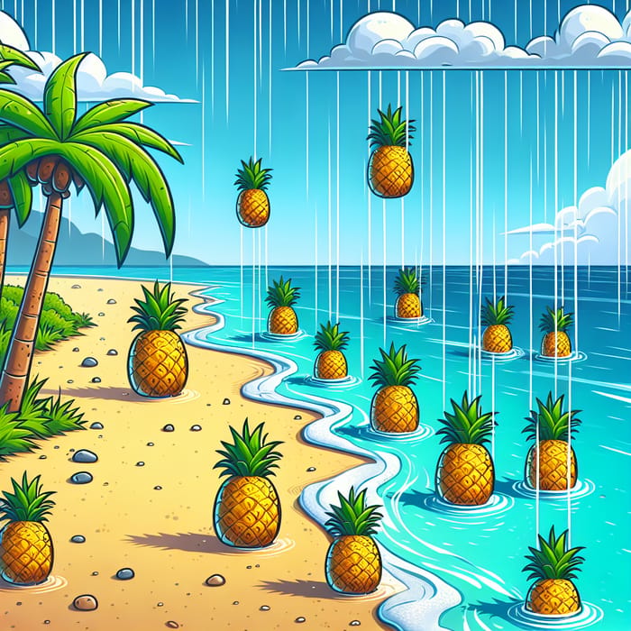 Cartoon Pineapple Hail on Beach: Whimsical Weather Scene | AI Art ...