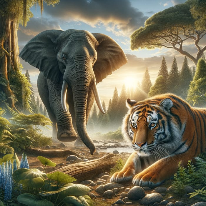 Elephant and Tiger in Wild: Harmony of Nature | AI Art Generator | Easy ...