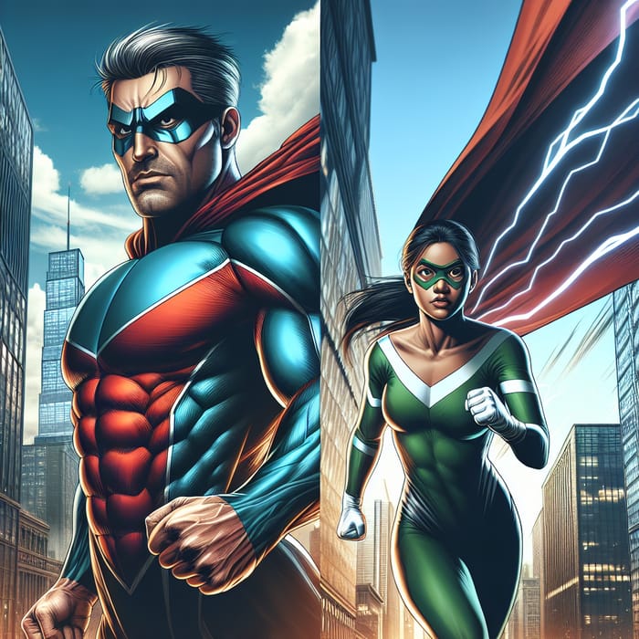 Epic Superhero Scene: Male & Female Heroes in Action | AI Art Generator ...