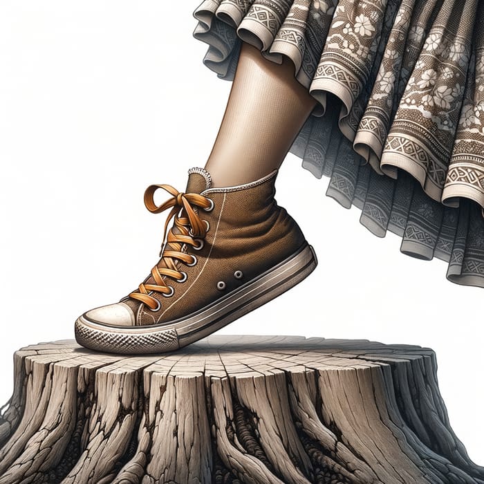Leg in Sneaker on Tree Stump in Long Sarafan Dress | AI Art Generator ...