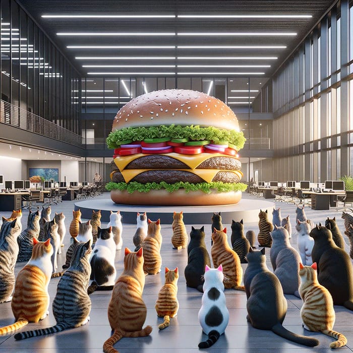 Tech-Savvy Cats Mesmerized by Enormous Cheeseburger | AI Art Generator ...