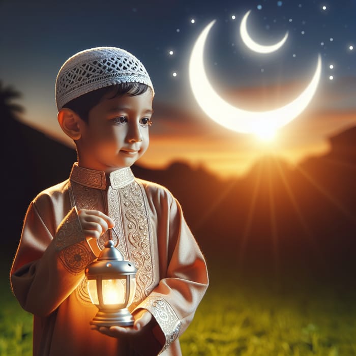 Muslim Child in Traditional Attire Holding Lamp with Crescent Moon | AI ...