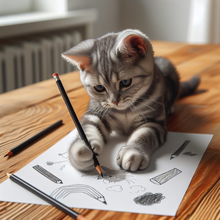 Playful American Shorthair Cat Drawing with a Pencil | AI Art Generator ...