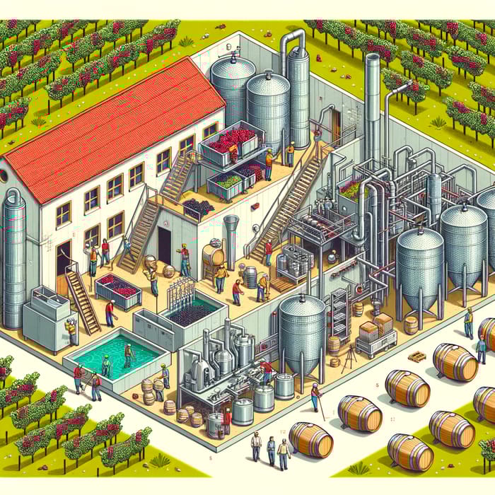 Red Wine Factory Layout: Grape to Glass Process | AI Art Generator | Easy-Peasy.AI