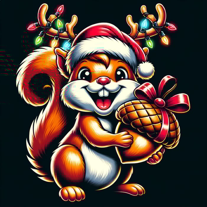 Festive Squirrel with Antlers Holding Gold Acorn - Holiday Tee Design | AI Art Generator | Easy ...