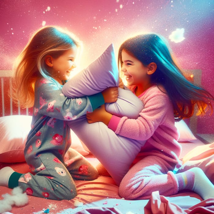 Joyful Pillow Fight: Girls in Cute Pajamas | AI Art Generator | Easy ...