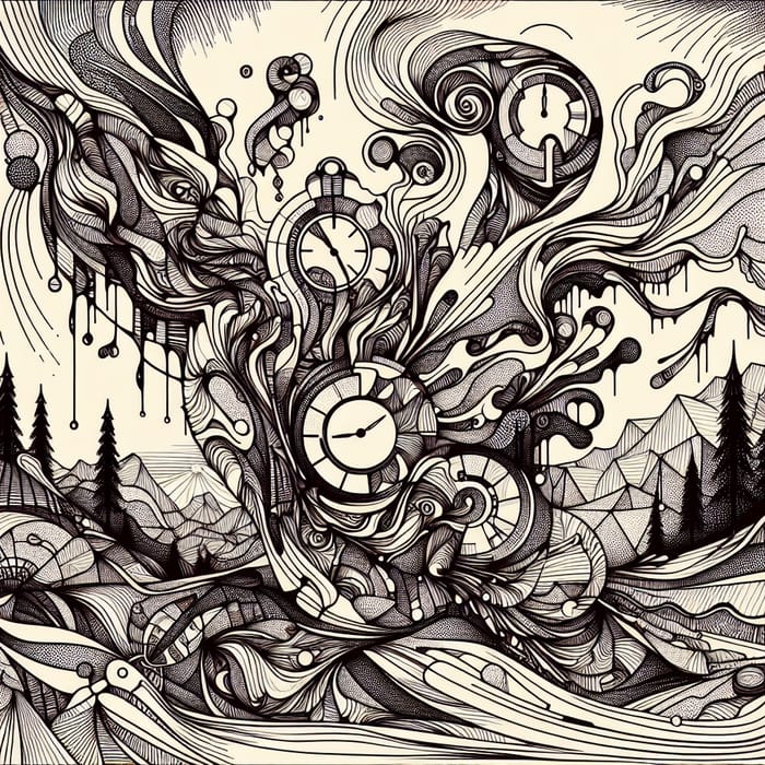 Warped Time & Place: Surreal Nature Scene with Fragmented Clocks | AI Art Generator | Easy-Peasy.AI