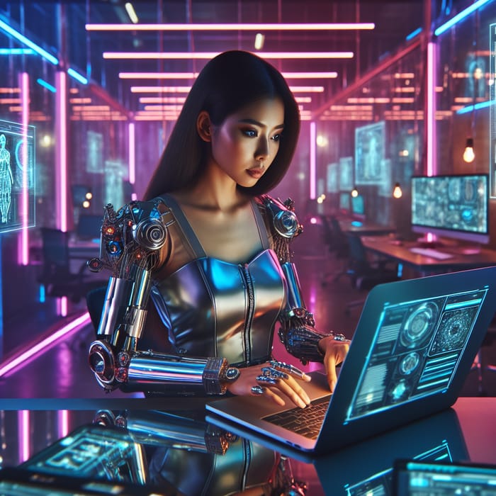 Cyberpunk Woman Using Macbook | AI Art Generator | Easy-Peasy.AI