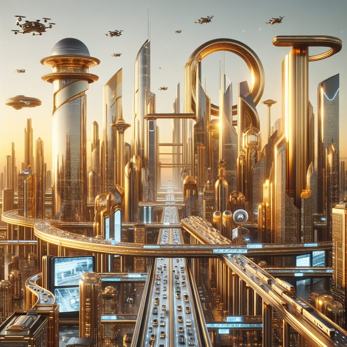 Shiny Gold Futuristic Cityscape | Skyscrapers, Drones | AI Art ...