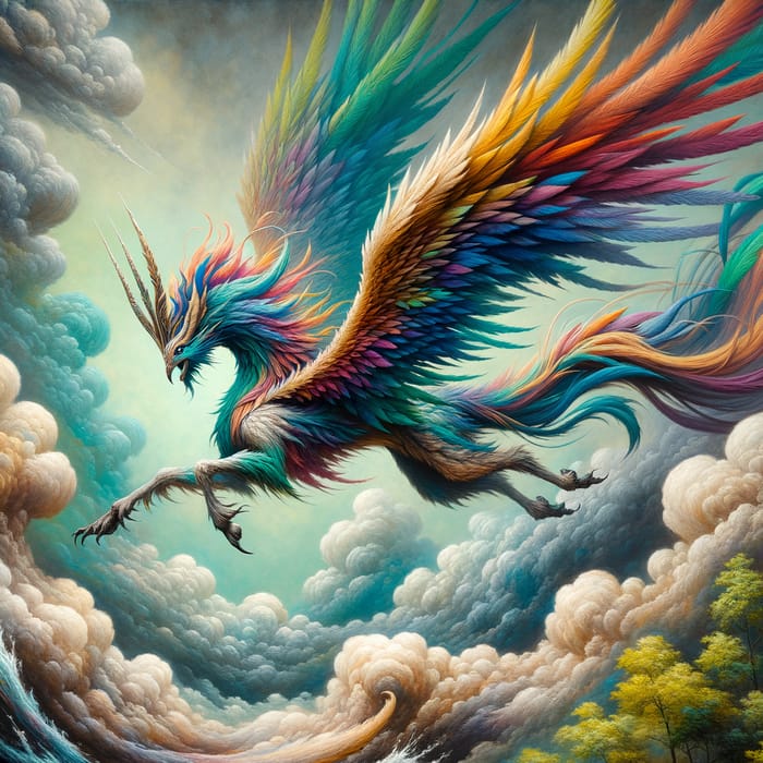 Vibrant Feathered Mystical Creature Soaring in Cloudy Sky | AI Art ...