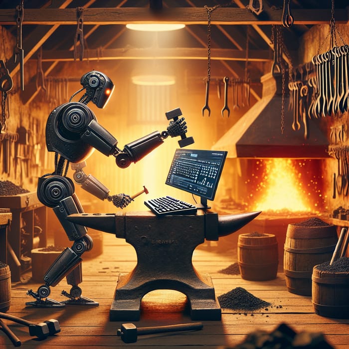 Sleek Modern Robot in Dimly-Lit Blacksmith Forge | AI Art Generator ...