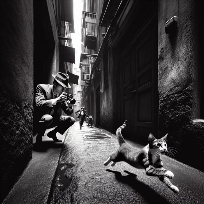 Daring Cat Chase in Noir Crime Alley | AI Art Generator | Easy-Peasy.AI