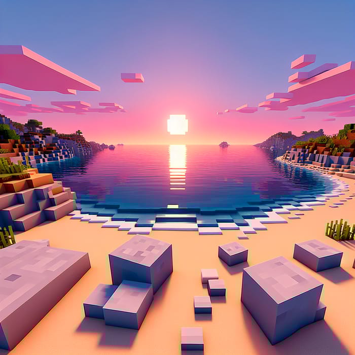 Tranquil Minecraft Beach Sunset Scene | AI Art Generator | Easy-Peasy.AI