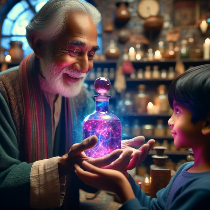 Old Man Giving Love Potion to Young Boy | AI Art Generator | Easy-Peasy.AI