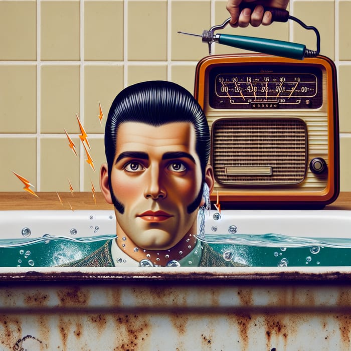Vintage Greaser with Long Hair Electrocuted in Bathtub | AI Art ...