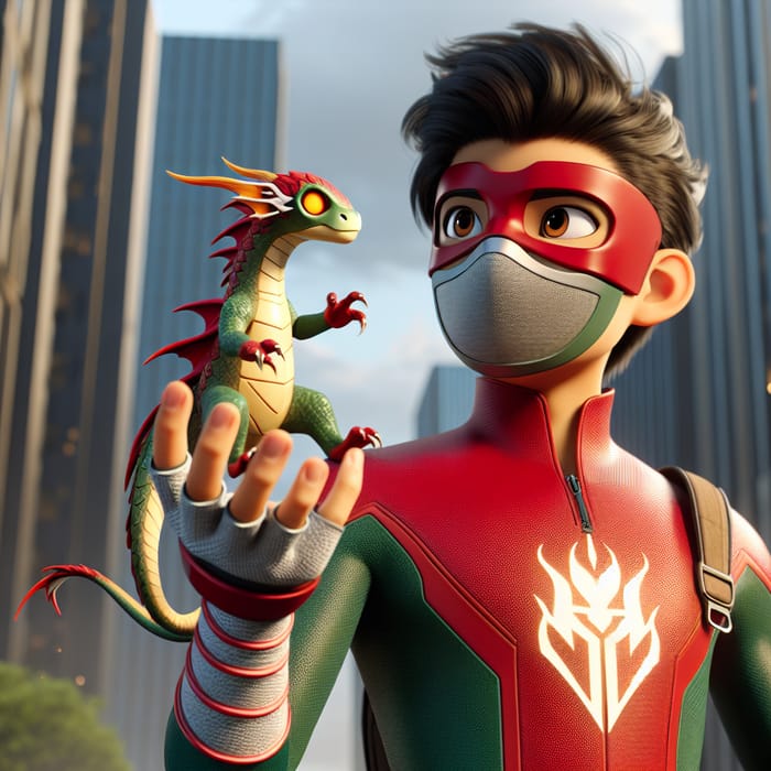 Youthful Superhero Robin with Mini-Draco in Urban Cityscape | AI Art ...