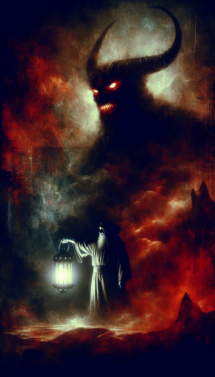Surreal Night Scene: Man with Lantern vs. Demon | AI Art Generator ...