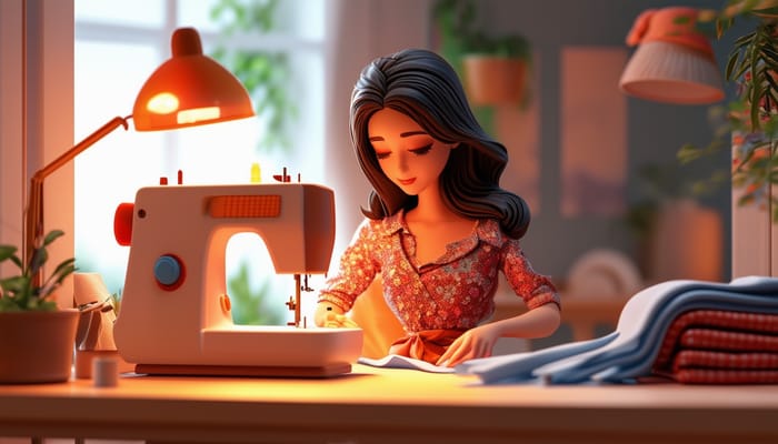 Brunette Woman Sewing Clothes Behind Sewing Machine | AI Art Generator ...