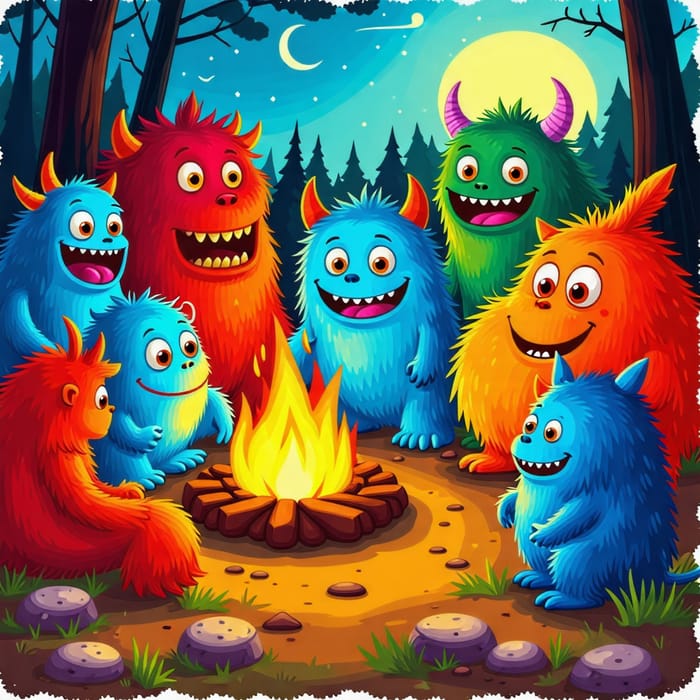 Friendly Fuzzy Monsters Gathering Around Campfire | AI Art Generator | Easy-Peasy.AI