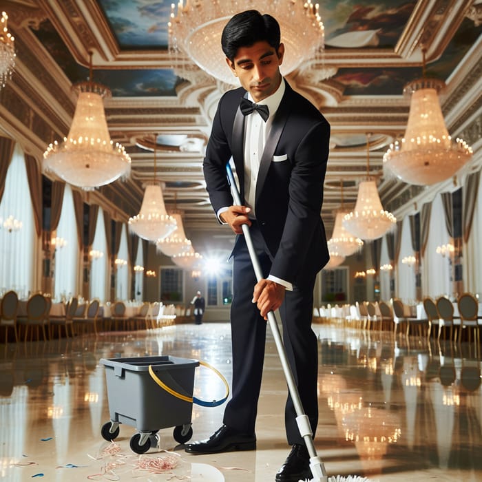 South Asian Janitor in Tuxedo Cleaning Elegant Ballroom with Grand ...