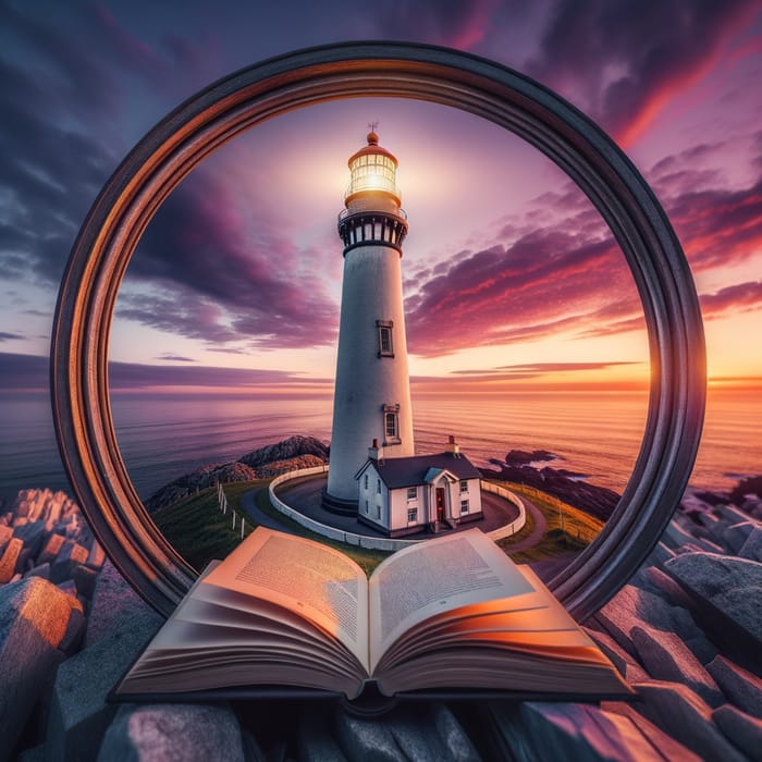 Majestic Lighthouse at Sunset with Open Book | AI Art Generator | Easy ...