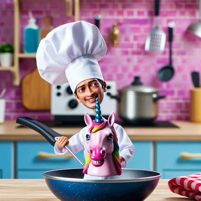 Young Chef Cooking Pink Unicorn Head in Frying Pan | AI Art Generator ...