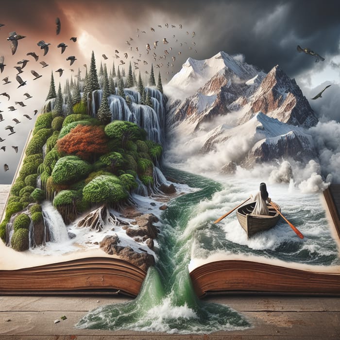 Surreal Book Adventure: Rocky Stream to Mountain Peak | AI Art Generator | Easy-Peasy.AI