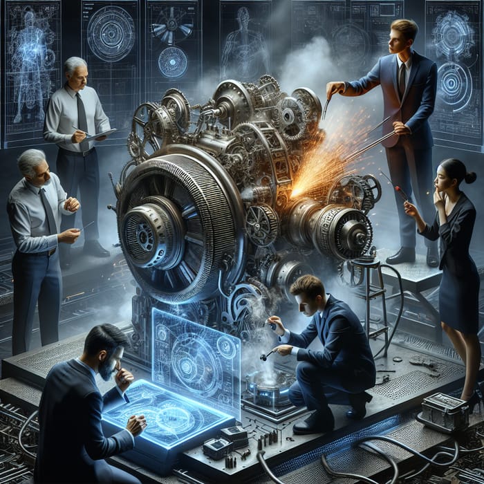 Humans Overworking a Futuristic Machine | AI Art Generator | Easy-Peasy.AI