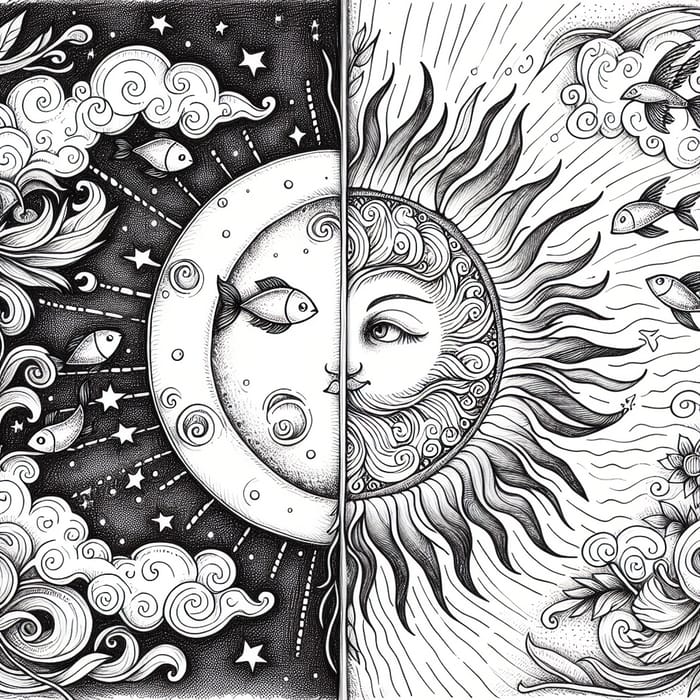 Magical Half-Moon and Half-Sun Drawing | AI Art Generator | Easy-Peasy.AI