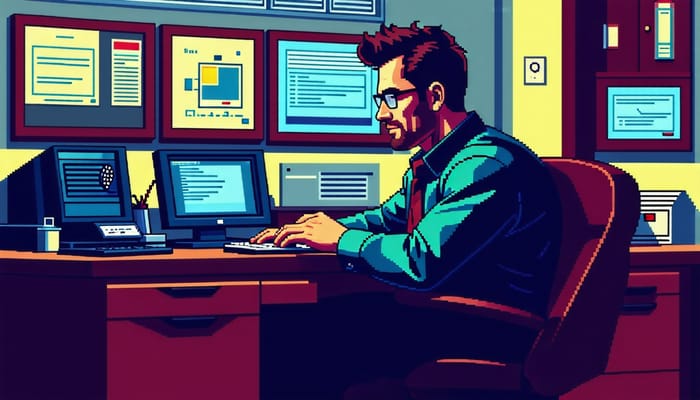 8-Bit Style Consultant Programming at Desk | AI Art Generator | Easy ...