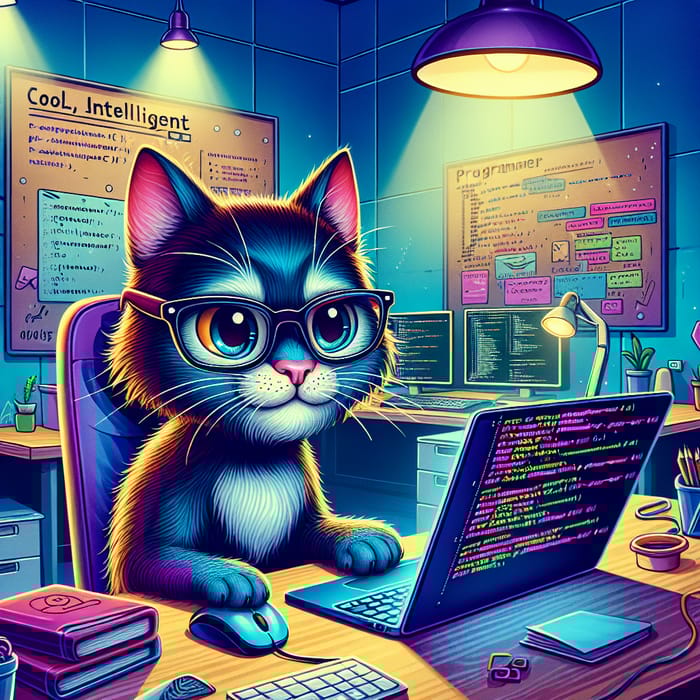 Cool Cat Programmer at Laptop in High-Tech Office | AI Art Generator | Easy-Peasy.AI