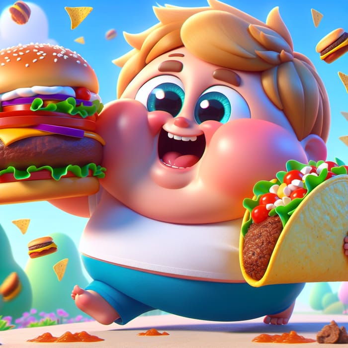 Cheerful Obese Disney Kid Enjoying Burger and Taco | AI Art Generator ...