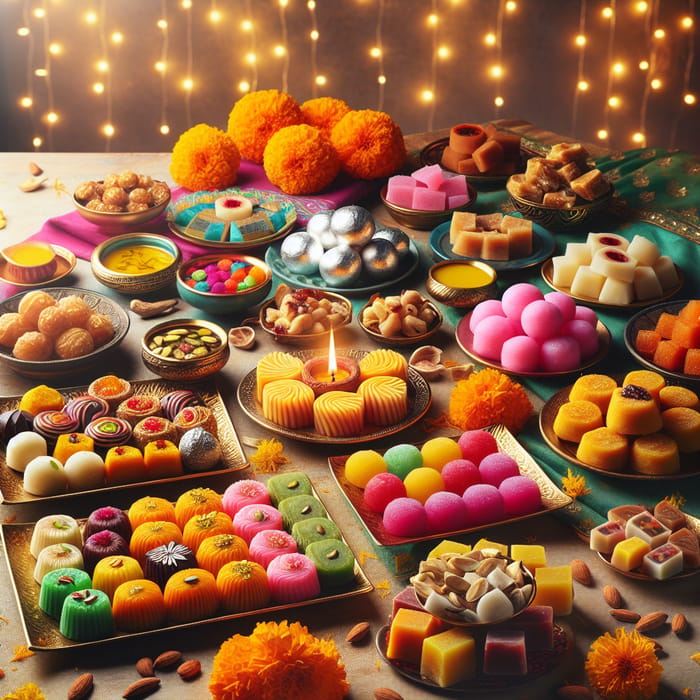 Colorful Diwali Mithai Display | AI Art Generator | Easy-Peasy.AI