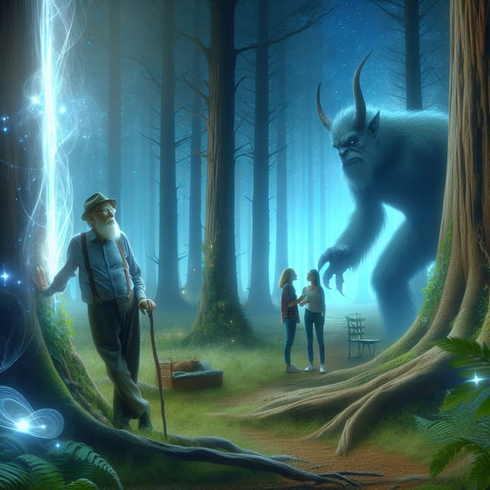 Magical Forest Scene with Elderly Man, Woman & Giant Monster | AI Art ...